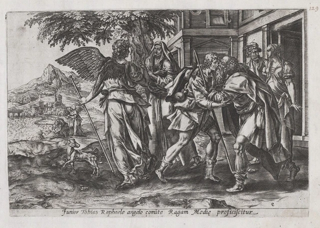 M. DE VOS Tobit Quitte Ses Parents Chien Bible Gravure Sur Cuivre 1580 ...