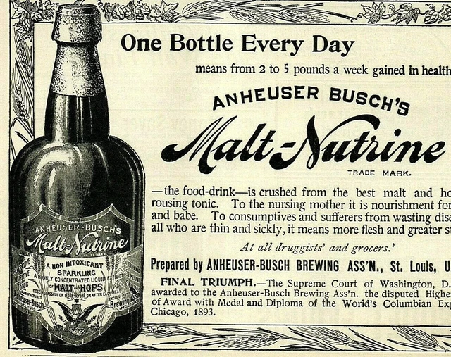 1895 ENGRAVED AD MALT-NUTRINE Anheuser Busch Beer Brewery Malt Hops Ad ...