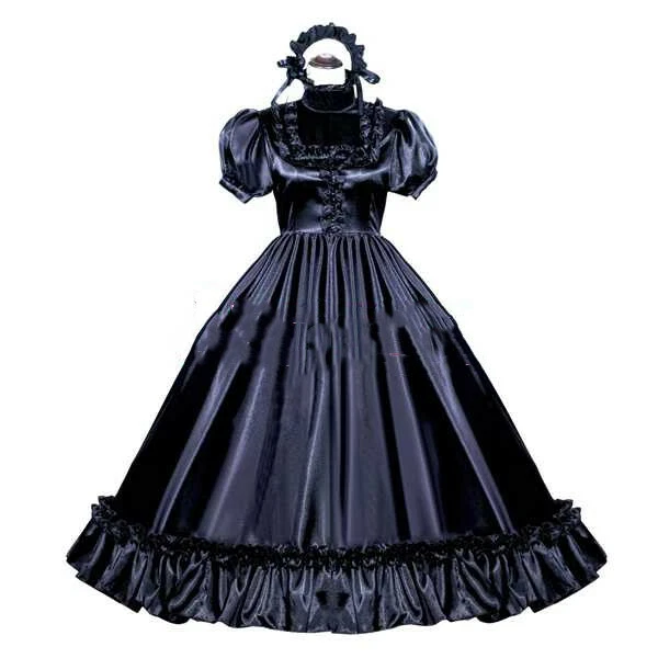 French Sissy Maid Lockable Black Satin Dress Cosplay Costume Tailor