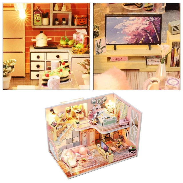 CREATIVE DIY MINIATURE DollHouse Kit Furniture with Light Flower House ...