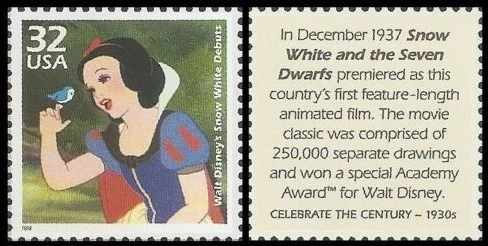 1998 WALT DISNEY'S Snow White Debuts 1938 Single 32c Stamp, Sc# 3185h ...