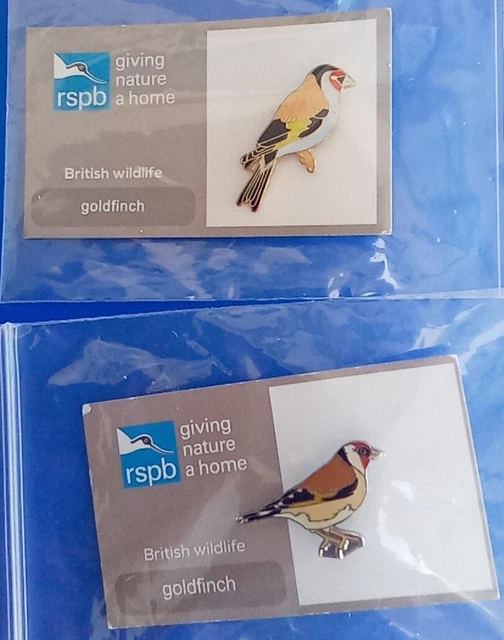 RSPB PIN BADGES Goldfinches two different badges on grey gnah cards. £7 ...