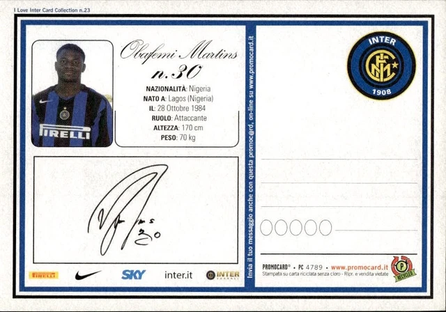 CARTOLINA CALCIATORE INTER Obafemi Martins con autografo stampato EUR 3 ...