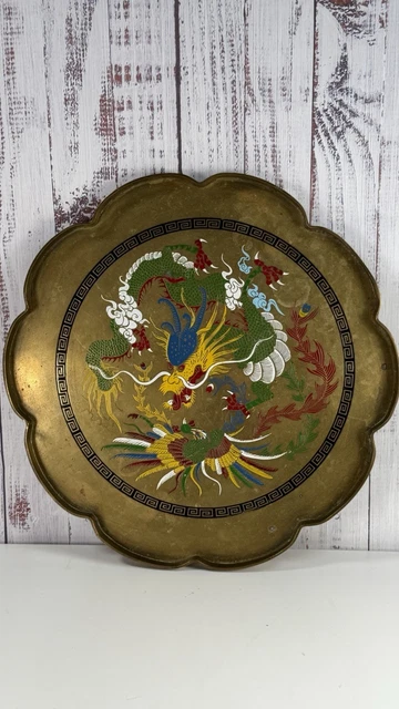 VINTAGE CHINESE BRASS Charger Tray Dragon Phoenix Fu Symbol Hand ...