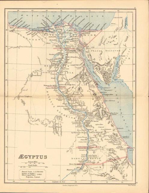 1886 ANCIEN CARTE ~Aegyptus Égypte~Heptanomis Arcadia Dodecaschoenus ...