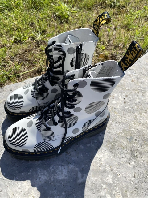 DR. MARTENS POLKA Dot Platform Combat Boots White Black Leather Women’s ...