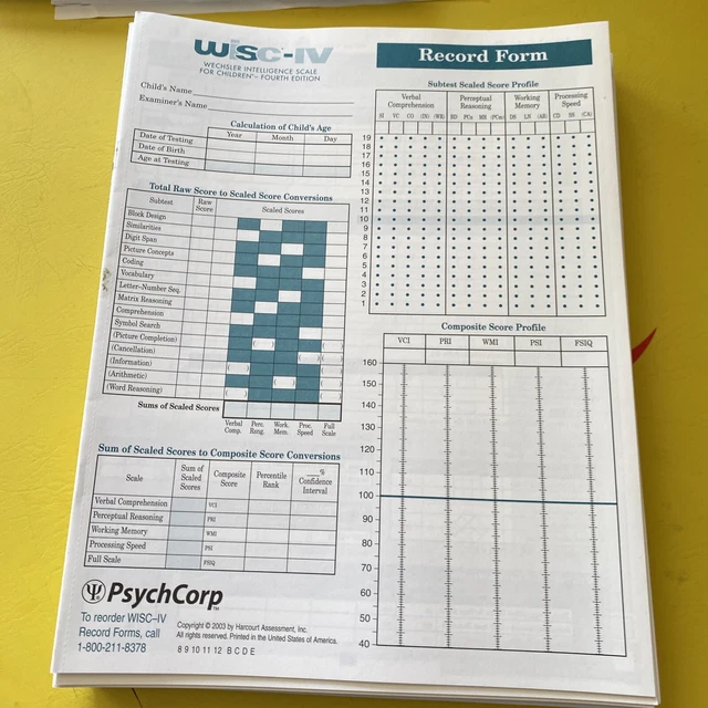 WISC-III INTELLIGENCE SCALE for Children Record Form £4.78 - PicClick UK