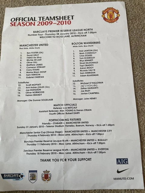 2 OFFICIAL MANCHESTER United Team Sheets from 2009-2010. £2.66 ...