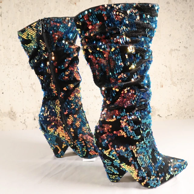 BAMBOO WOMEN'S IRIDESCENT Sequins Slouch Boots Size 6M Mid Calf Brand ...