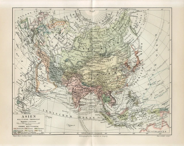 1895 ASIA POLITICAL MAP INDIA CHINA SIAM VIETNAM KOREA RUSSIA JAPAN ...