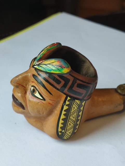 PIPE EN TERRE cuite bois + pierres représentant une tete Maya Inca ...