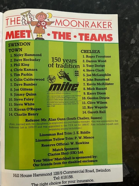 THE MOONRAKER SWINDON Town Versus Chelsea SIMOD Cup Three Round 1988 £1 ...