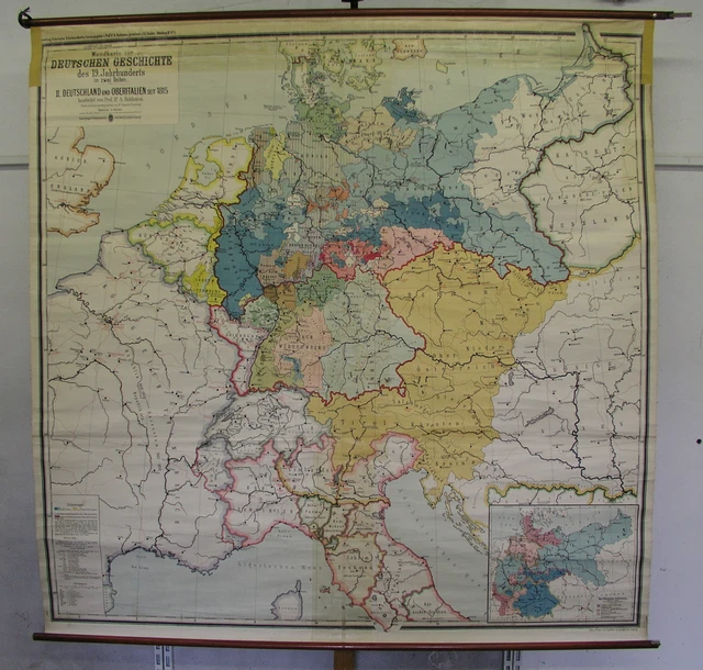 SCHOOL WALL MAP Old Prussia 1815-1900 205x206 ~ 1910 Card Vintage Map £ ...