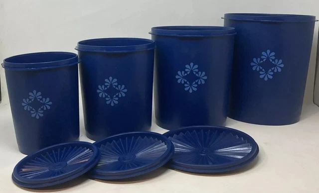 VINTAGE TUPPERWARE BLUEBERRY Cobalt Set of 4 Nesting Canisters with 3 ...