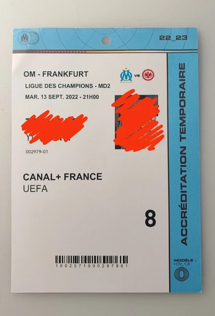TICKET PRESS CARTE Accreditation pass Marseille Francfort OM 2022 2023 ...