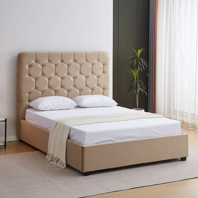 MADISON 4FT6 DOUBLE Fawn Velvet Fabric Bed Frame Upholstered Buttoned ...