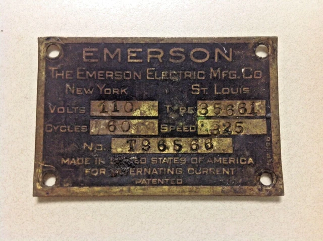 VINTAGE ANTIQUE ORIGINAL Emerson Electric Fan Motor ID Tag Plate Type ...