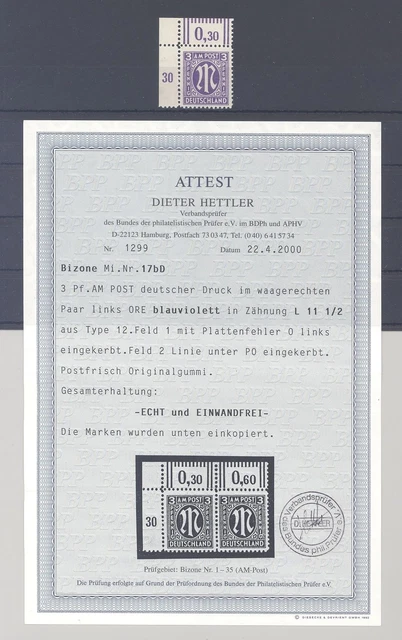 BIZONE MICHEL NUMMER 17 bD, 3 Pfg. AM Post ** Eckrand, Befund BPP ...