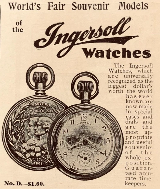1904 INGERSOLL WATCH Advertisement World’s Fair Louisiana Expo Antique ...