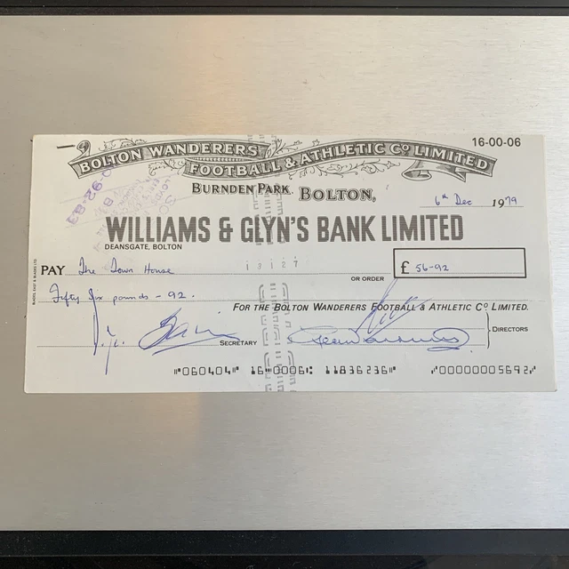 OLD BANK CHEQUE Williams & Glyns Bank BWFC Burnden Park. £10.00 ...