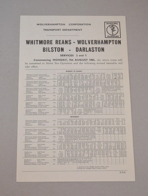 BUS TIMETABLE SHEET Wolverhampton CTD Buses for Trolleybuses 9th August ...