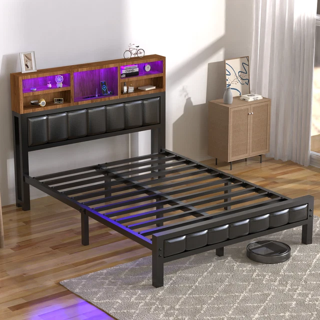 DOUBLE BED FRAME Industrial Metal Platform Bed w/ LED Headboard and ...