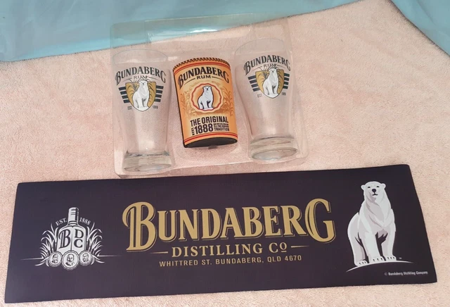 BOXED BUNDABERG RUM BAR ESSENTIALS PACK cooler bar mat 2 x schooner ...