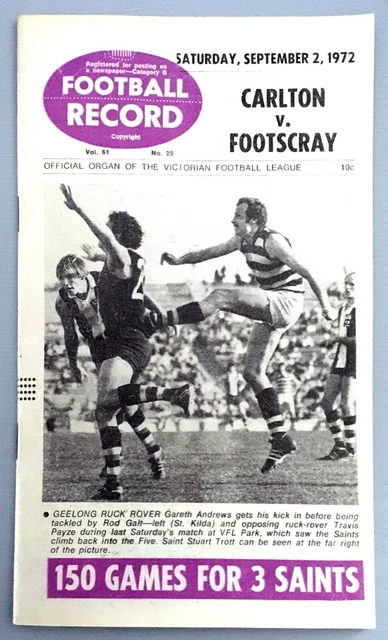 1978 VFL FOOTBALL Record Carlton V Footscray Bulldogs August 26 Edition ...