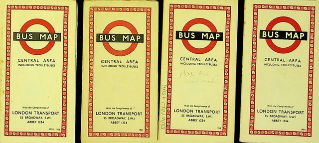 LONDON TRANSPORT CENTRAL Area Bus Maps inc Trolleybuses 1952/1953/1954 ...