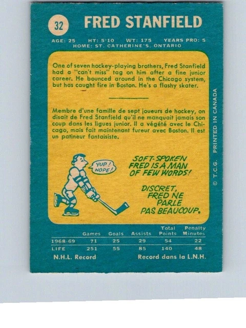 VINTAGE HOCKEY CARD Opc 1969 Fred Stanfield Boston Bruins No 718 $12.00 ...