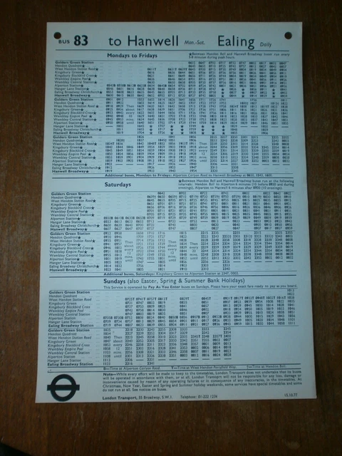 LONDON TRANSPORT BUS Stop Panel Timetable-Route 83, 1977 EUR 1,75 ...