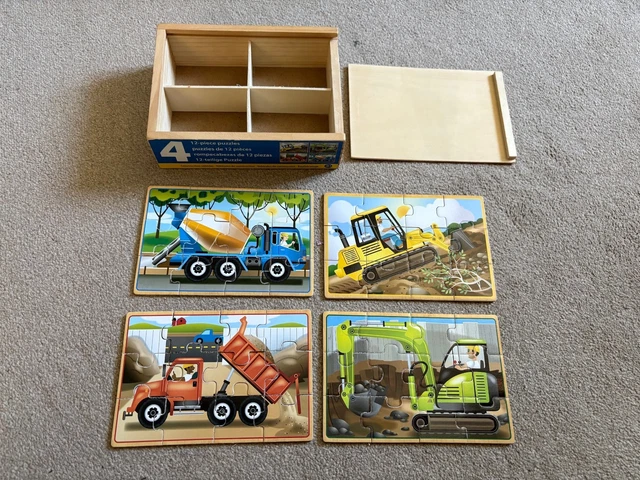 4 X 12-PIECE Construction vehicles puzzles in wooden box (Melissa and ...