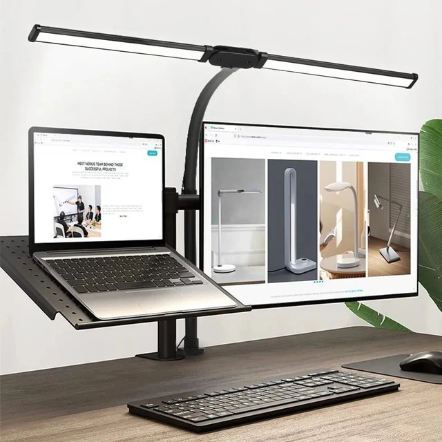 DOUBLE HEAD COMPUTER Table LED Light Reading Lamp Gooseneck Clip Desk ...