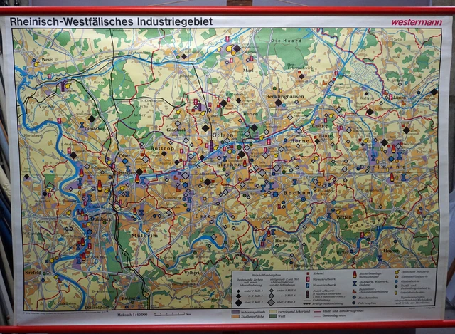 VINTAGE MAP ROLLABLE Poster Wall Chart Industry Rhine-Westphalia Mural ...