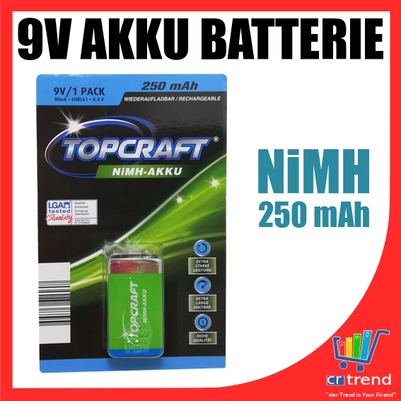 TOPCRAFT 9V AKKU Block Batterie Rechargeable Battery 250 mAh 6HRL61 8 ...