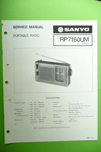 SERVICE MANUEL D'INSTRUCTIONS pour SANYO Rp- 7160 Um, Original EUR 17 ...