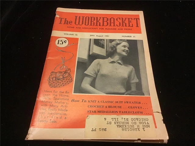 WORKBASKET MAGAZINE AUGUST 1951 Knit a Suit Sweater, Crochet a Blouse £ ...