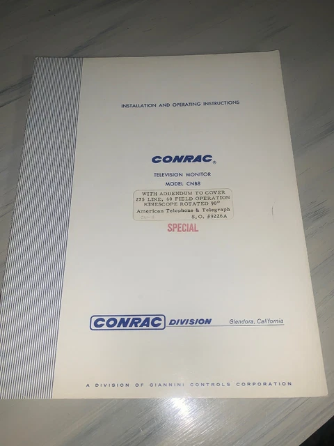 CONRAC TELEVISION MONITOR Model CNB8 Service Manual, Schematics, Part ...