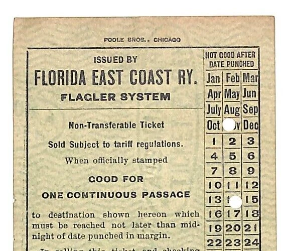 1923 FLORIDA EAST Coast Flagler System Railroad Ticket #4296 Scarce $14 ...