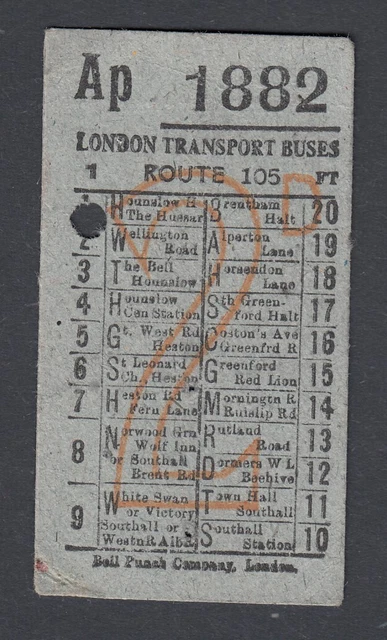 VINTAGE TICKET LONDON Transport Buses Bus 2d Route 105 Hounslow The ...