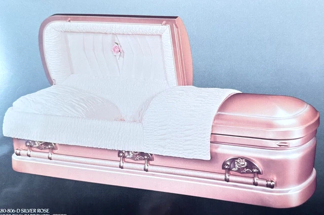 BATESVILLE CASKET FUNERAL Advertisement Oddity Silver Rose Moss Pink ...