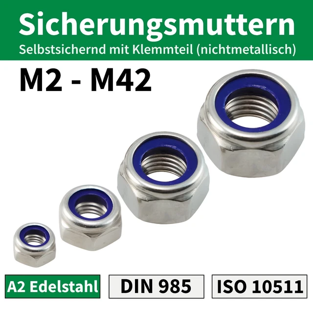 SELBSTSICHERNDE MUTTERN EDELSTAHL A2 Stoppmuttern Sicherungsmuttern DIN 985 V2A EUR 5,79 ...