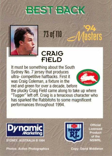 1994 SOUTH SYDNEY RABBITOHS NRL Card CRAIG FIELD Masters $4.48 ...