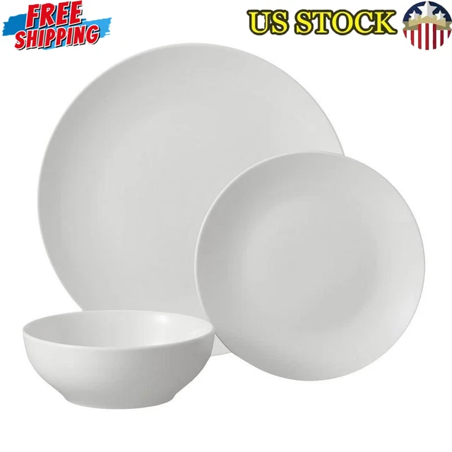 12-PIECE WHITE STONEWARE Dinnerware Set Kitchen Table Serving Plates ...