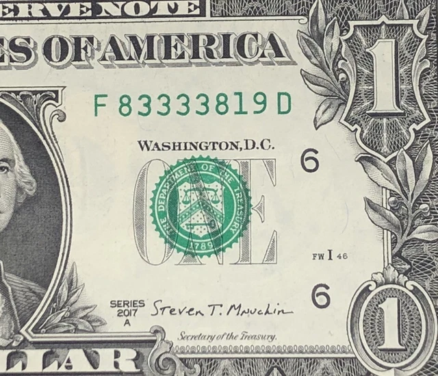 FOUR IN A Row 3s Fancy Serial Number One Dollar Bill F83333819D FW ...