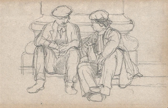 PORTRAIT OF TWO Seated Gentlemen - Antique Miniature Pencil Drawing ...