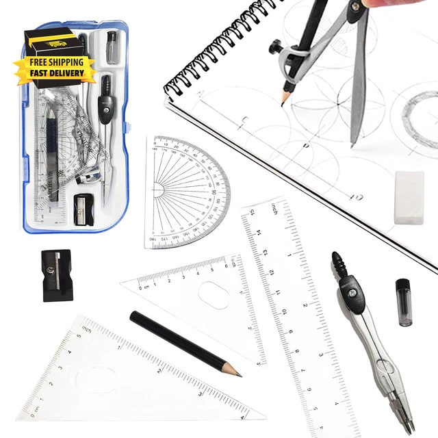 GEOMETRY MATH KIT Set Compass and Protractor Set School Drawing ...