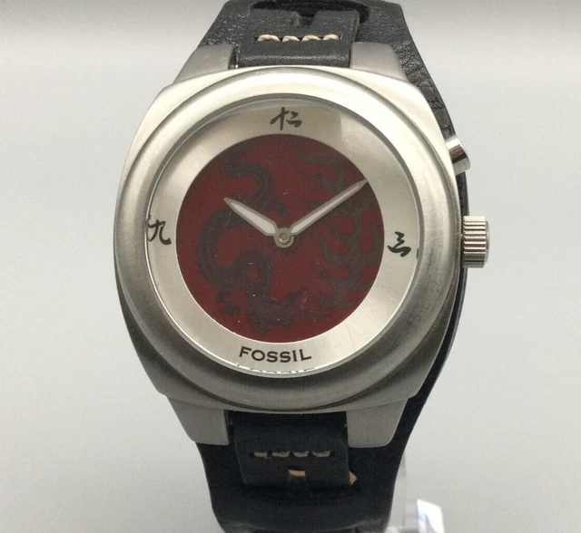 OROLOGIO FOSSIL BIG Tic Dragon Da Uomo Tono Argento Polsino Nero Kanji JR8198 Batteria Nuova EUR ...