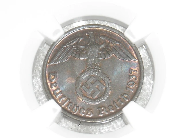 NGC MS-64 BN NAZI SWASTIKA GERMAN WW2 1937-A 2 ReichsPfennig COIN 3rd ...