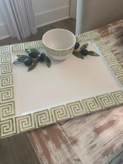 ITALIAN HAND PAINTED Greek Key Border Tray with Majolica Olive Branch £ ...